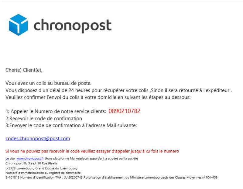 Codes.chronopost@post.com | 0 890 21 07 82 | Chronopost | 1 signalement | 4 commentaires