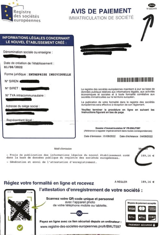 Avis de paiement immatriculation de société | 1 signalement