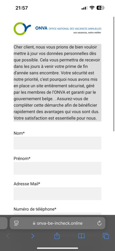 Onva-be-incheck.online | 0498 85 79 74 | ONVA | 1 signalement